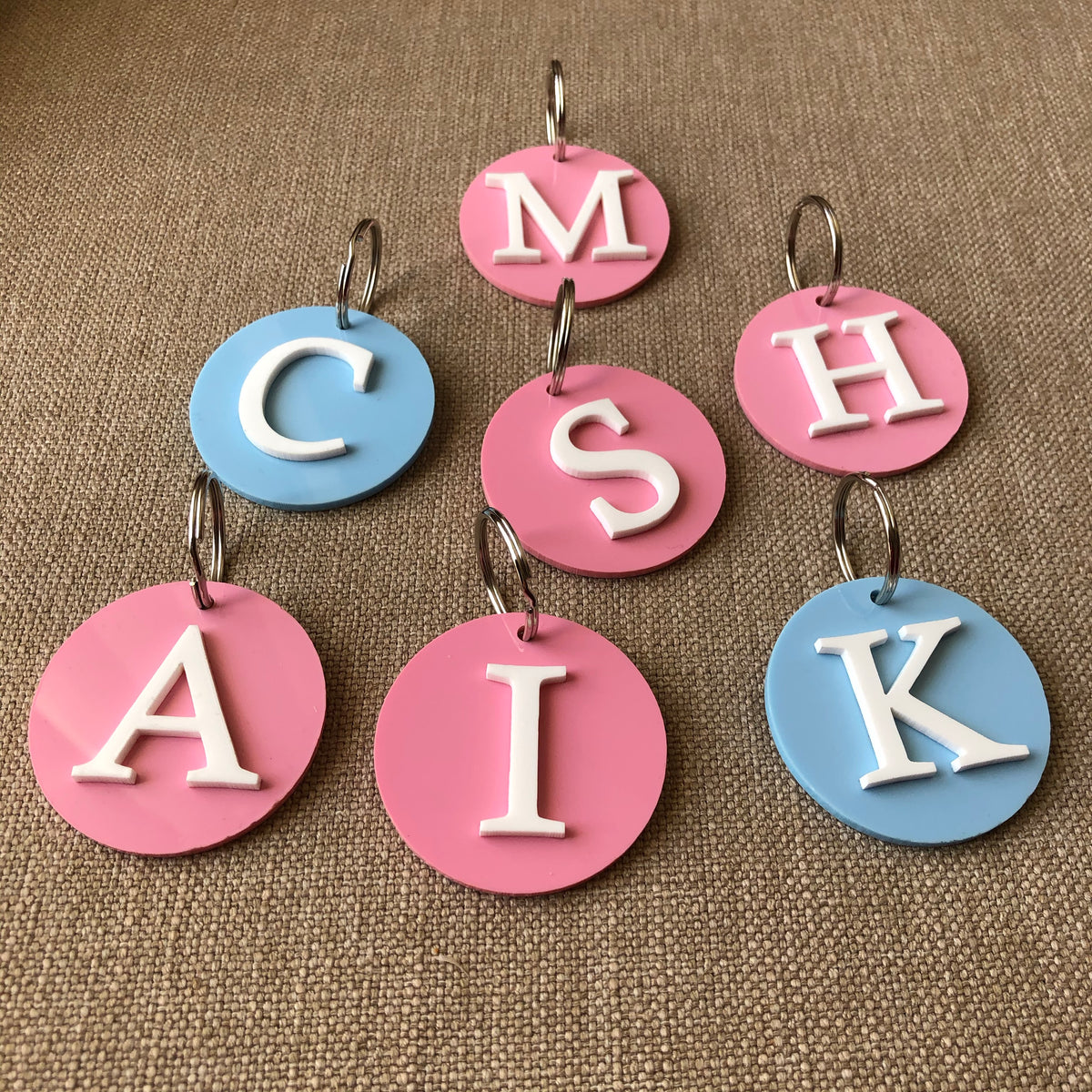 Initial keyrings (pastel acrylic) – Barleyboy Creative